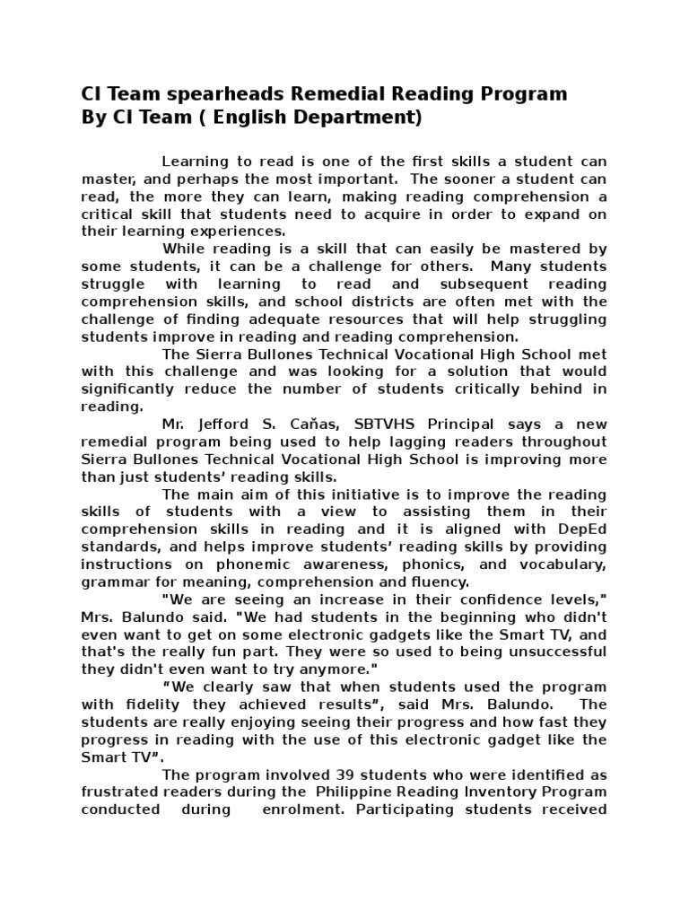 Remedial Reading Program Success at SBTVHS | PDF | Career & Growth ...