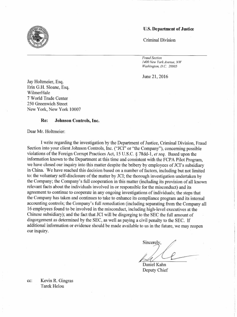 DOJ Letter Johnson Controls