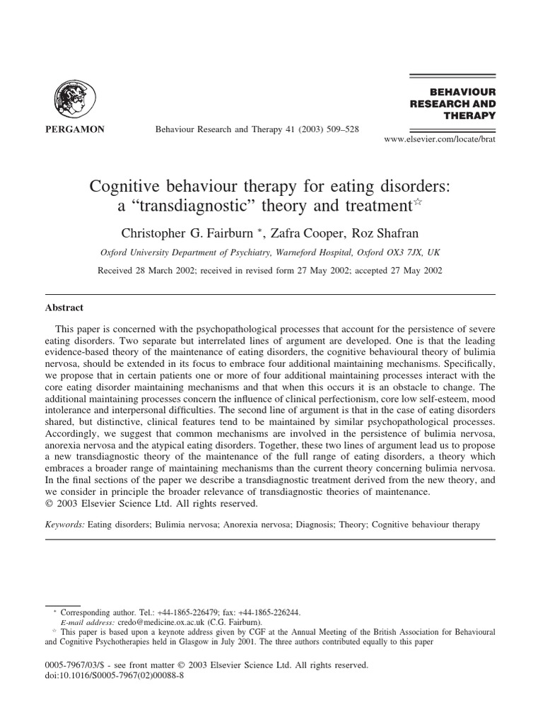 "Transdiagnostic" Theory and Treatment Fairburn | PDF | Bulimia Nervosa ...