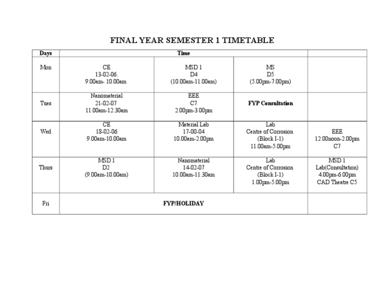 Final Year Semester 1 Timetable | PDF