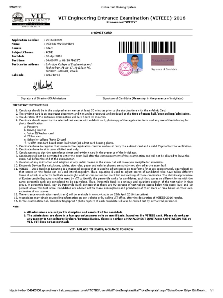 Vit Admit Card | PDF | Identity Document | Test (Assessment)