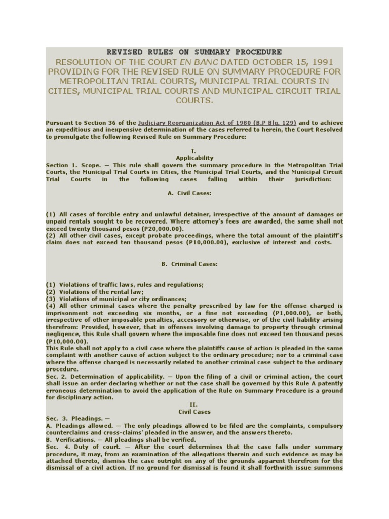 Revised Summary Procedure Rules | PDF | Affidavit | Complaint