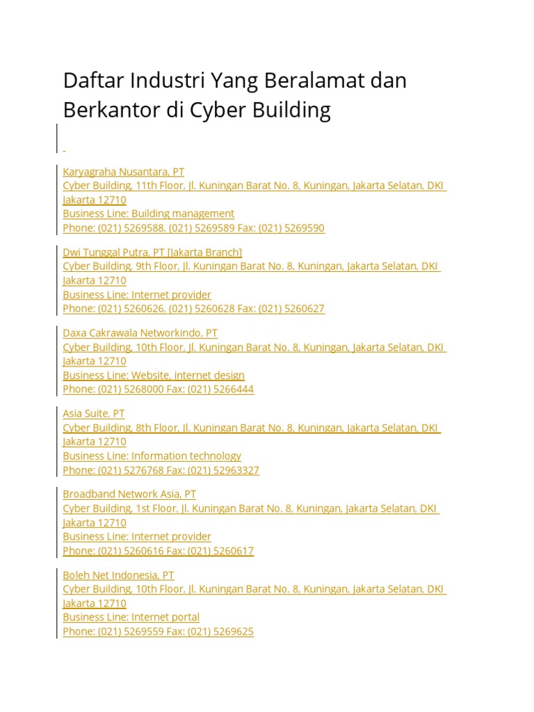 Daftar Alamat Kantor Yang Beralamat Dan Berkantor Di Cyber Building | PDF