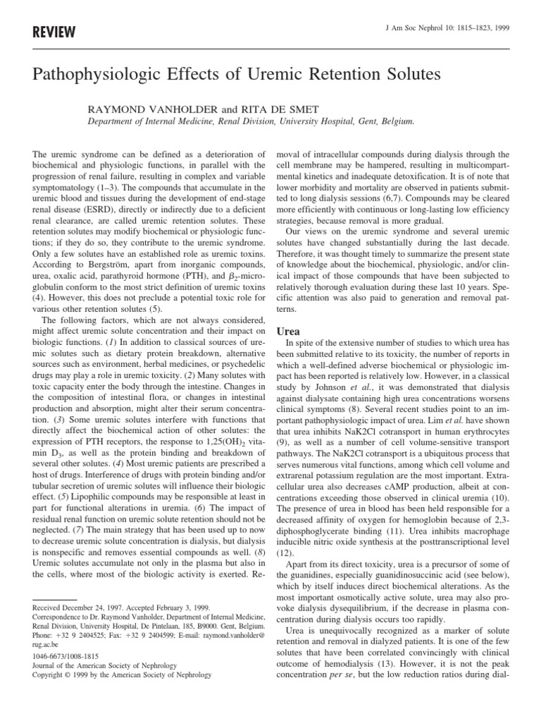 Pathophysiologic Effects of Uremic Retention Solutes: Review | PDF ...