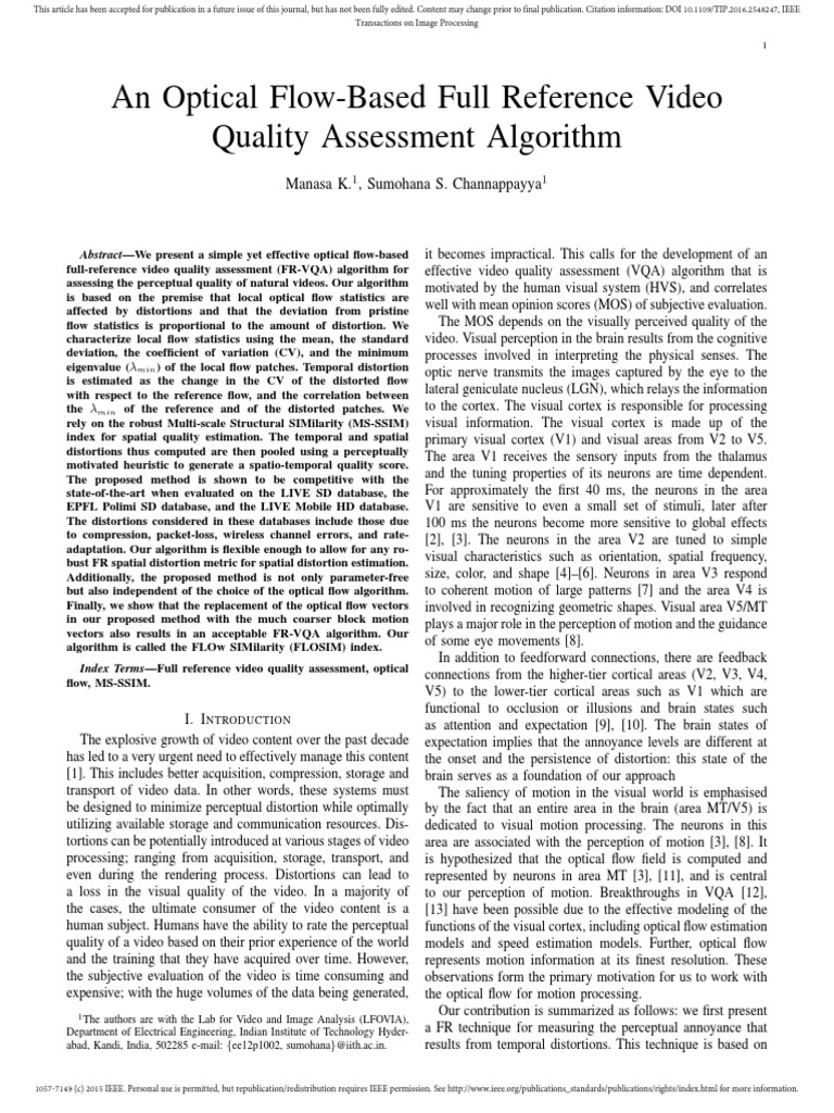 An Optical Flow-Based Full Reference Video Quality Assessment Algorithm ... An Optical Flow-Based Full Reference Video Quality Assessment Algorithm ...