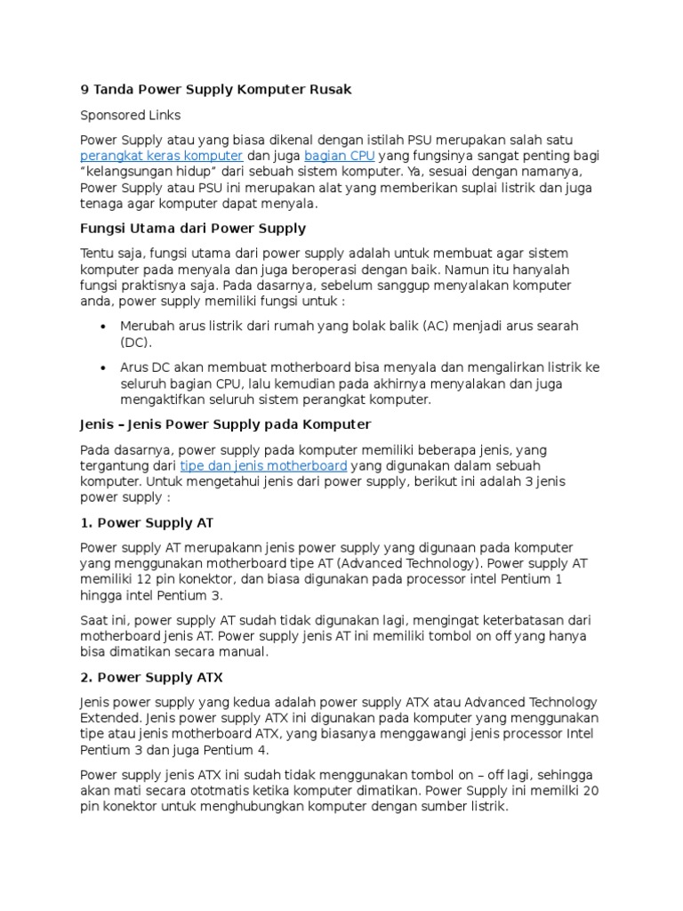 9 Tanda Power Supply Komputer Rusak | PDF