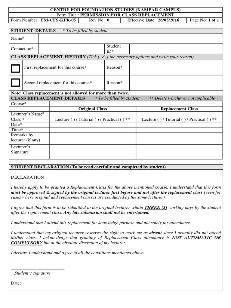 Permission For Class Replacement Form 2016 PDF | PDF | Career & Growth
