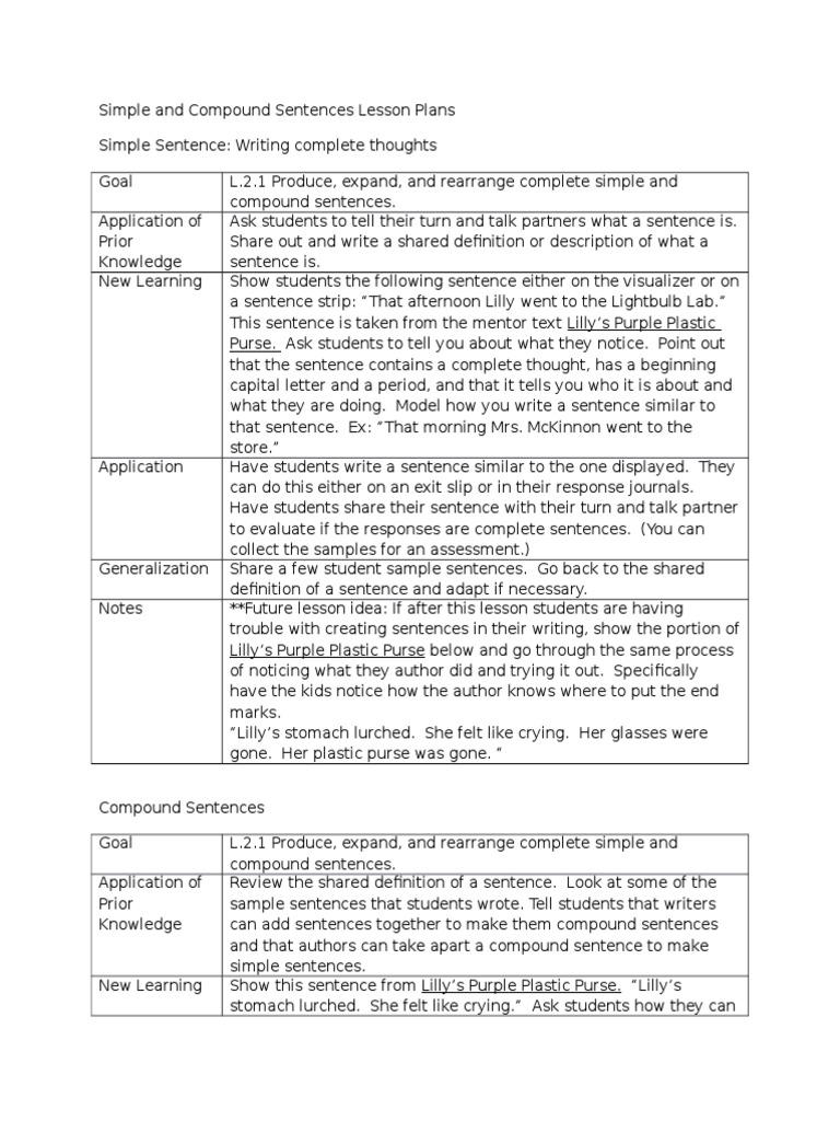 Simple and Compound Sentences Lesson Plans | PDF | Lesson Plan ...