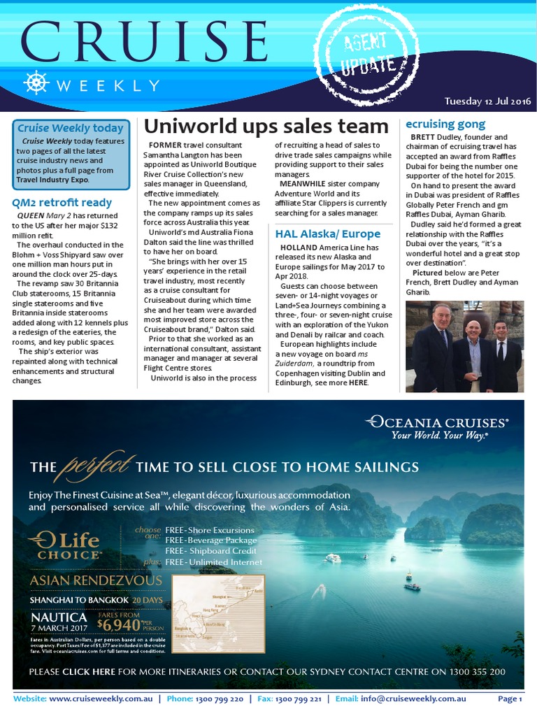 Uniworld Ups Sales Team: Weekly | PDF | Cruise Ship | Passenger Ships