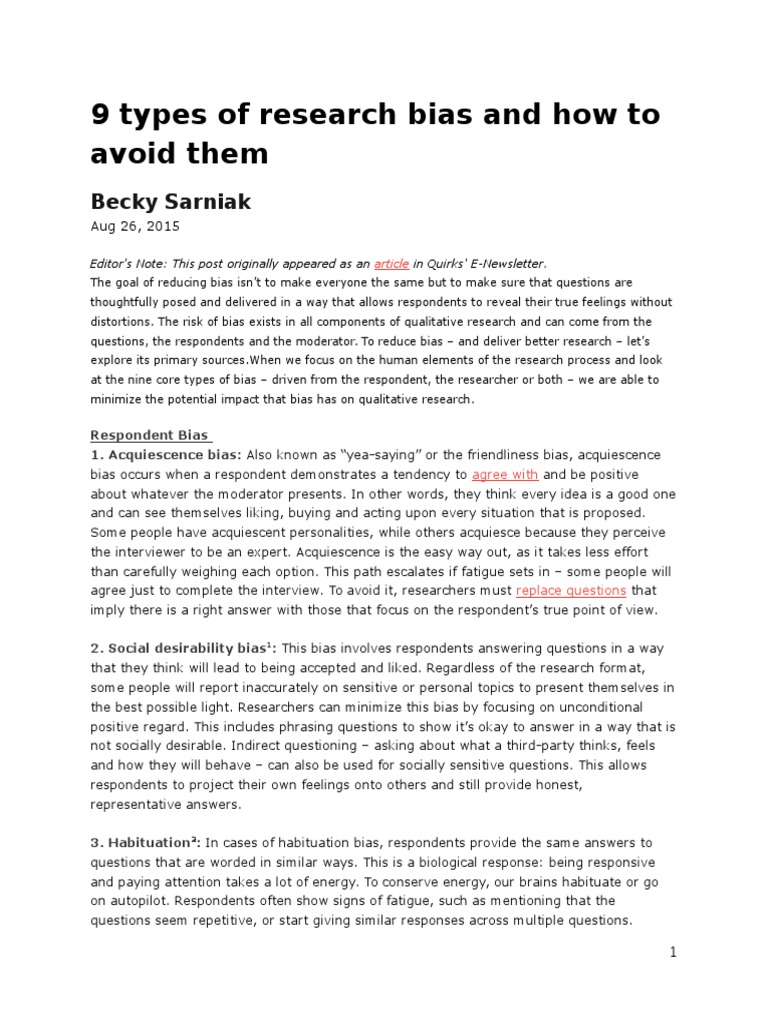 9 Types of Research Bias and How To Avoid Them: Becky Sarniak | PDF ...