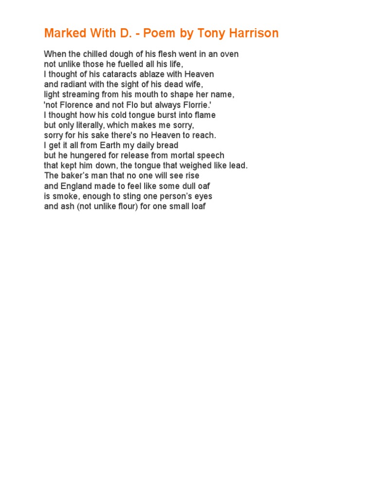 Marked With D. - Poem by Tony Harrison | PDF | Family | Society