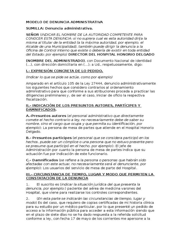 Modelo de Denuncia Administrativa | Historial médico | Hospital