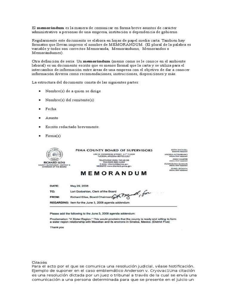 El Memorándum Es La Manera de Comunicar en Forma Breve Asuntos de ...