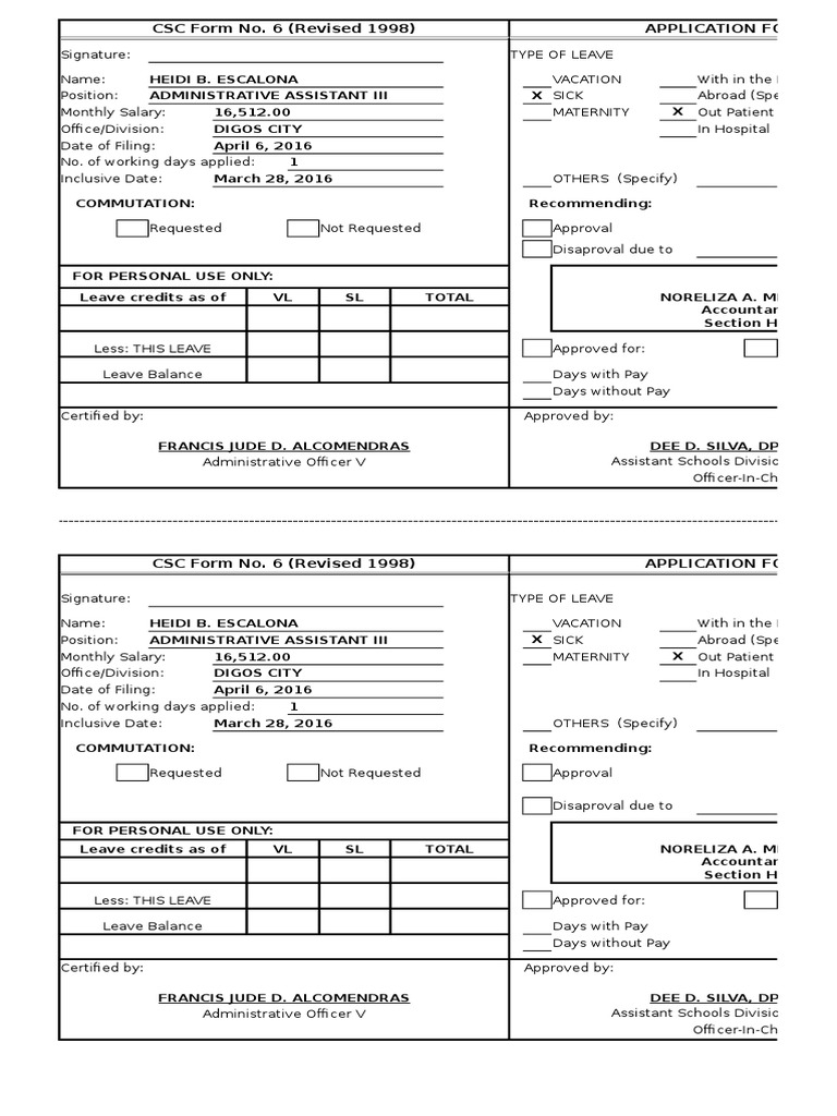 Sick Leave Application Form 2016 | PDF | Finance & Money Management