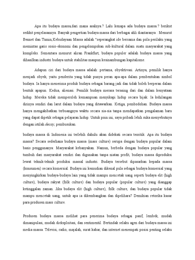Definisi dan Ciri Budaya Massa Indonesia | PDF