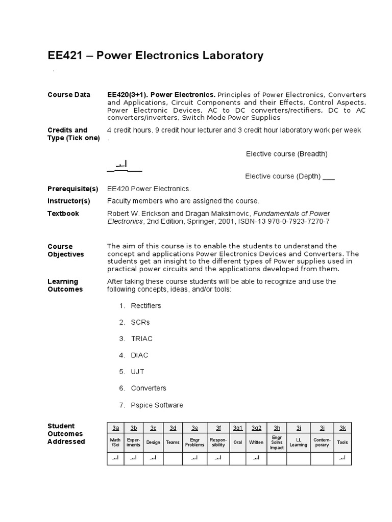 Course Data EE420 (3+1) - Power Electronics | PDF