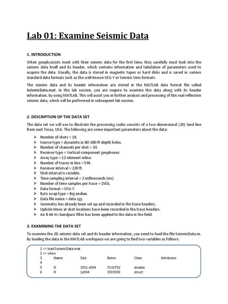 Analyzing Seismic Data with MATLAB | PDF | Reflection Seismology | File Format