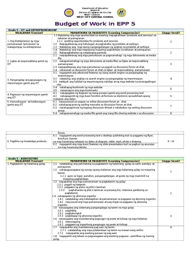 K to 12 Budget of Work in EPP 5 (Deped)
