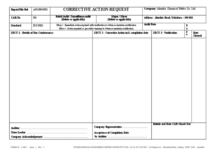 Corrective Action Request: A/91/094/903 98/ ISO 9002 | PDF