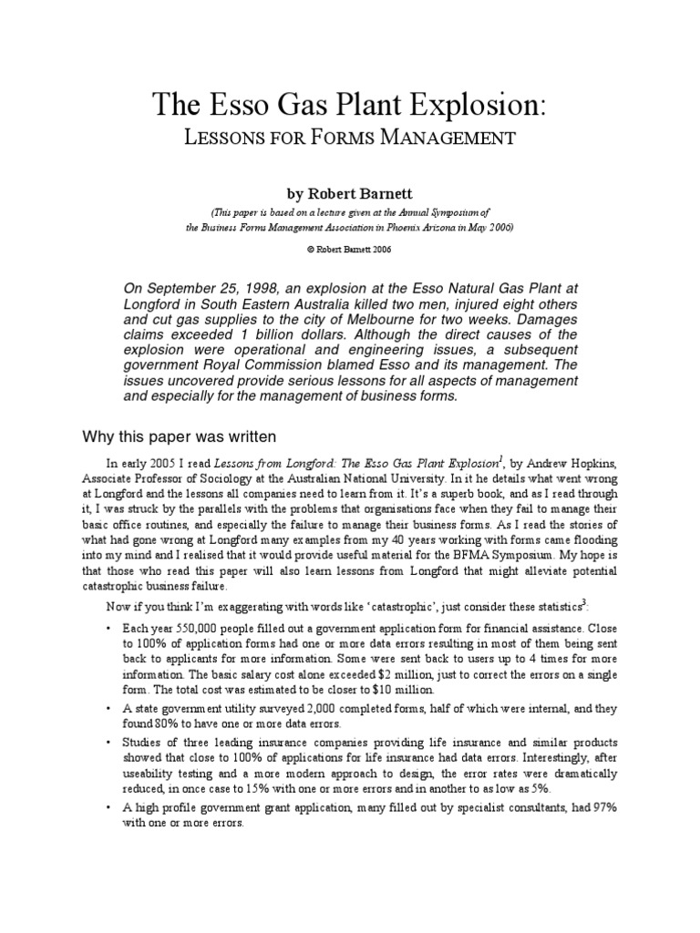 The Esso Gas Plant Explosion:: Essons For Orms Anagement | PDF