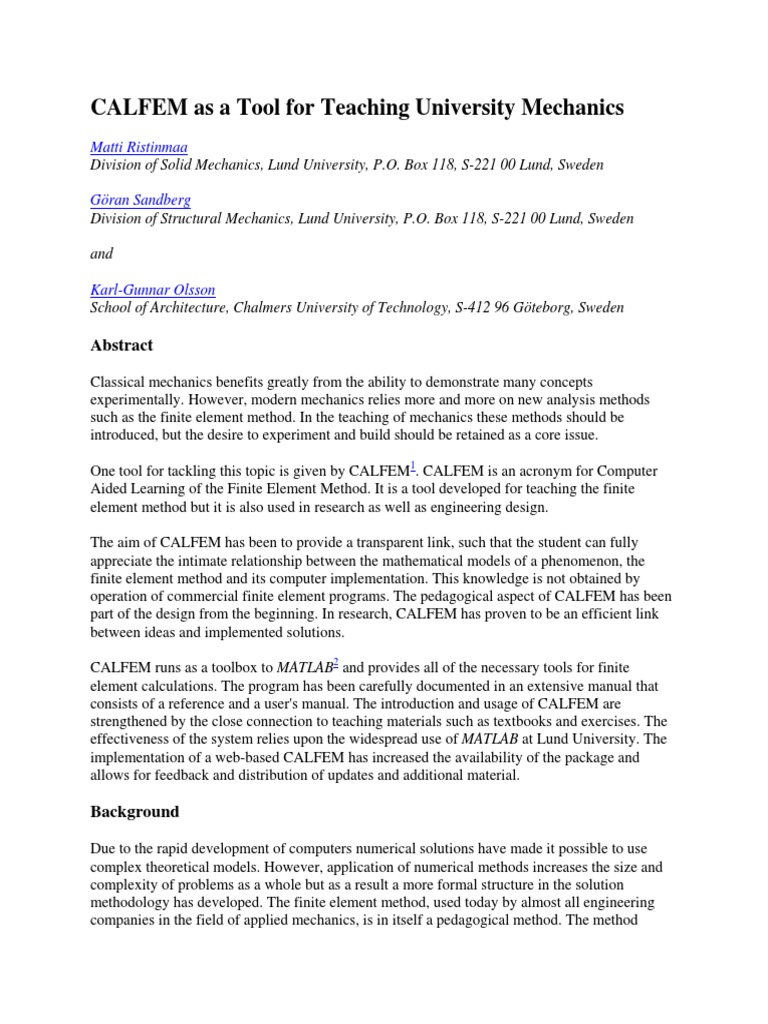 CALFEM As A Tool For Teaching University Mechanics: Matti Ristinmaa | PDF