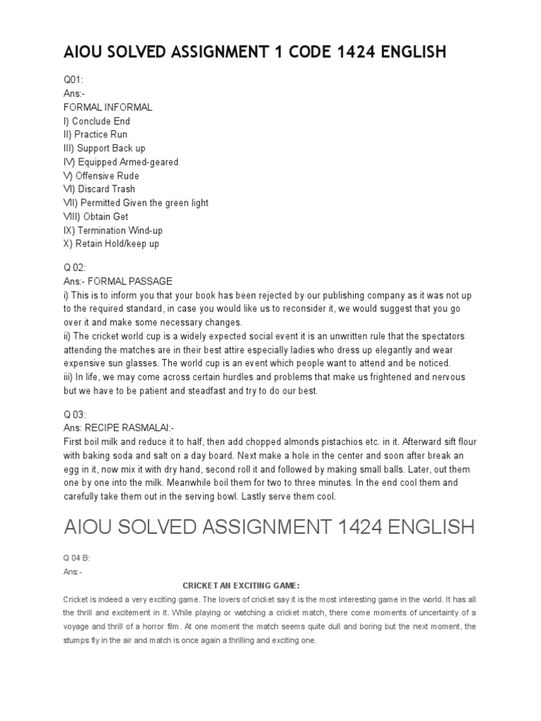 Aiou Solved Assignment 1 Code 1424 English | PDF | Cricket | Dress