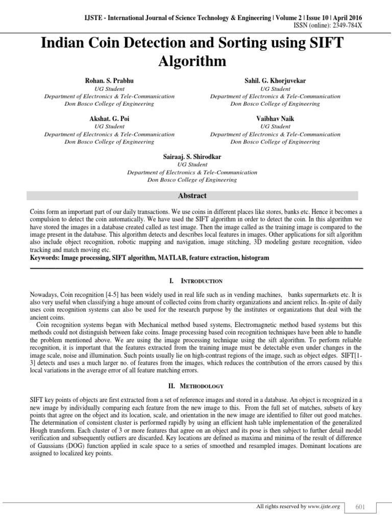 Indian Coin Detection and Sorting Using SIFT Algorithm | PDF ...