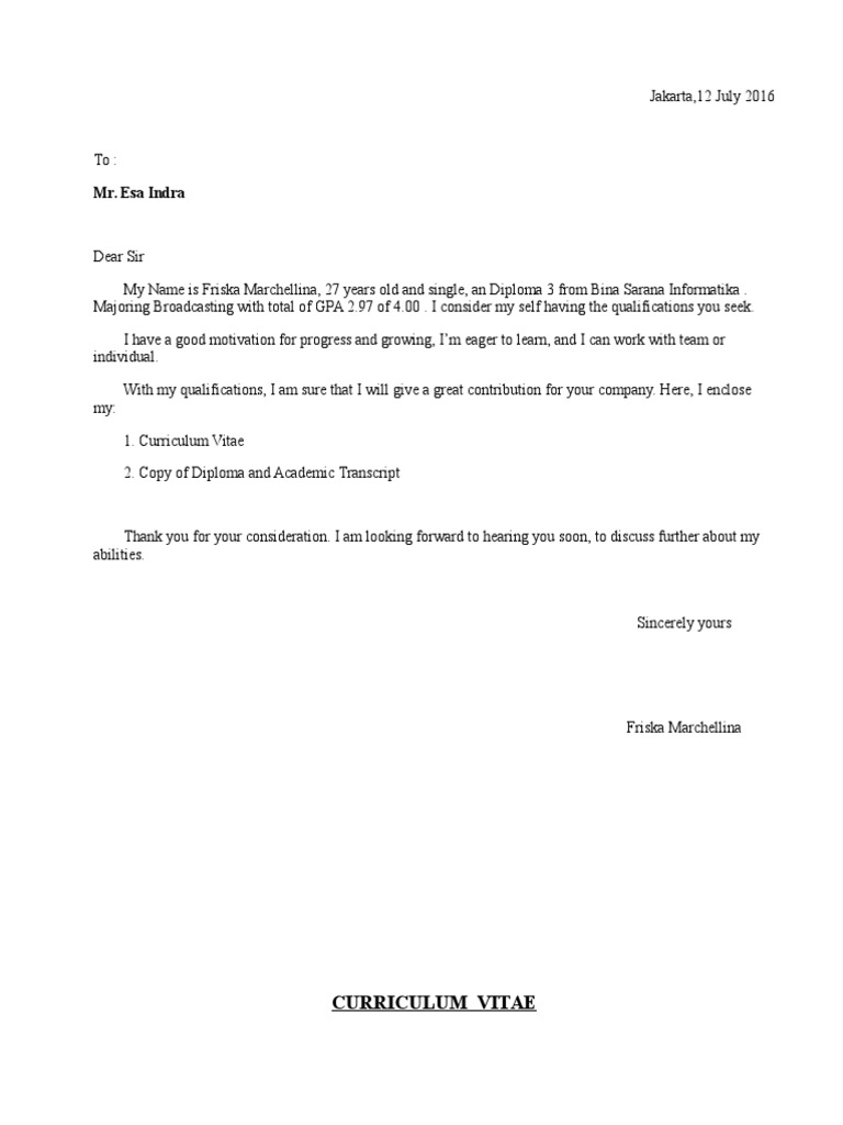 Job Application and CV of Friska Marchellina | PDF