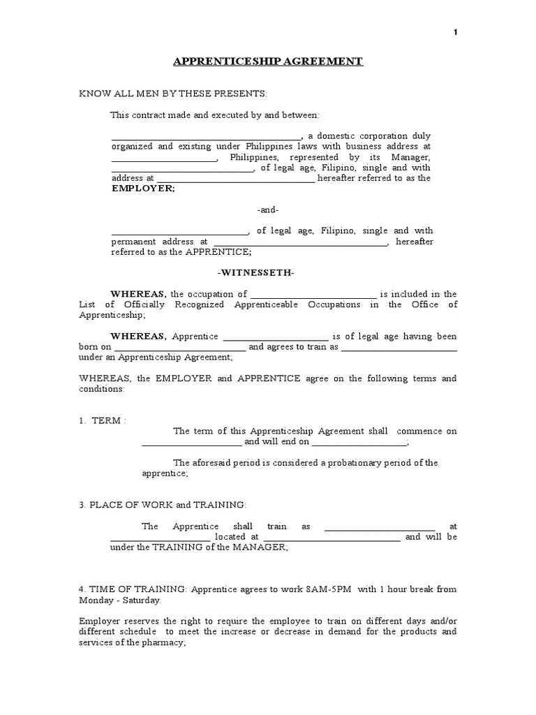 Apprenticeable Agreement - Blank | Apprenticeship | Employment
