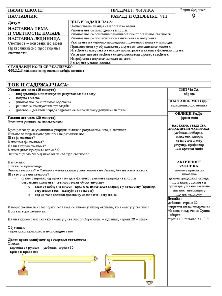 Priprema 9 Svetlost Pravolinijsko Prostiranje Svetlosti | PDF