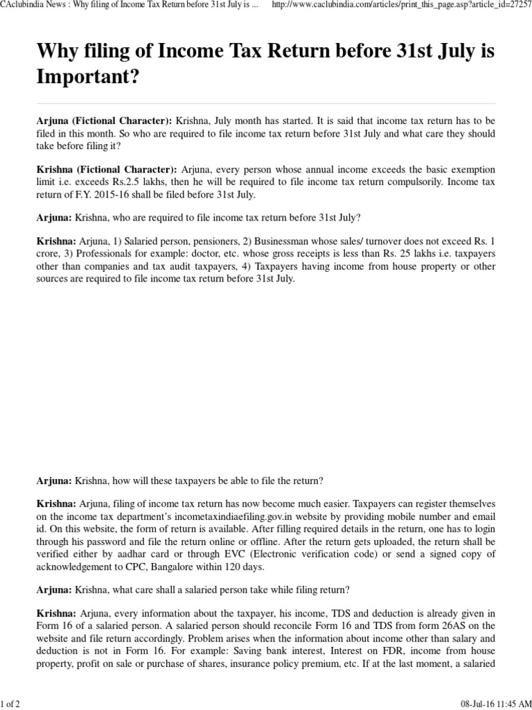 Importance of Timely Income Tax Filing | PDF | Tax Return (United ...