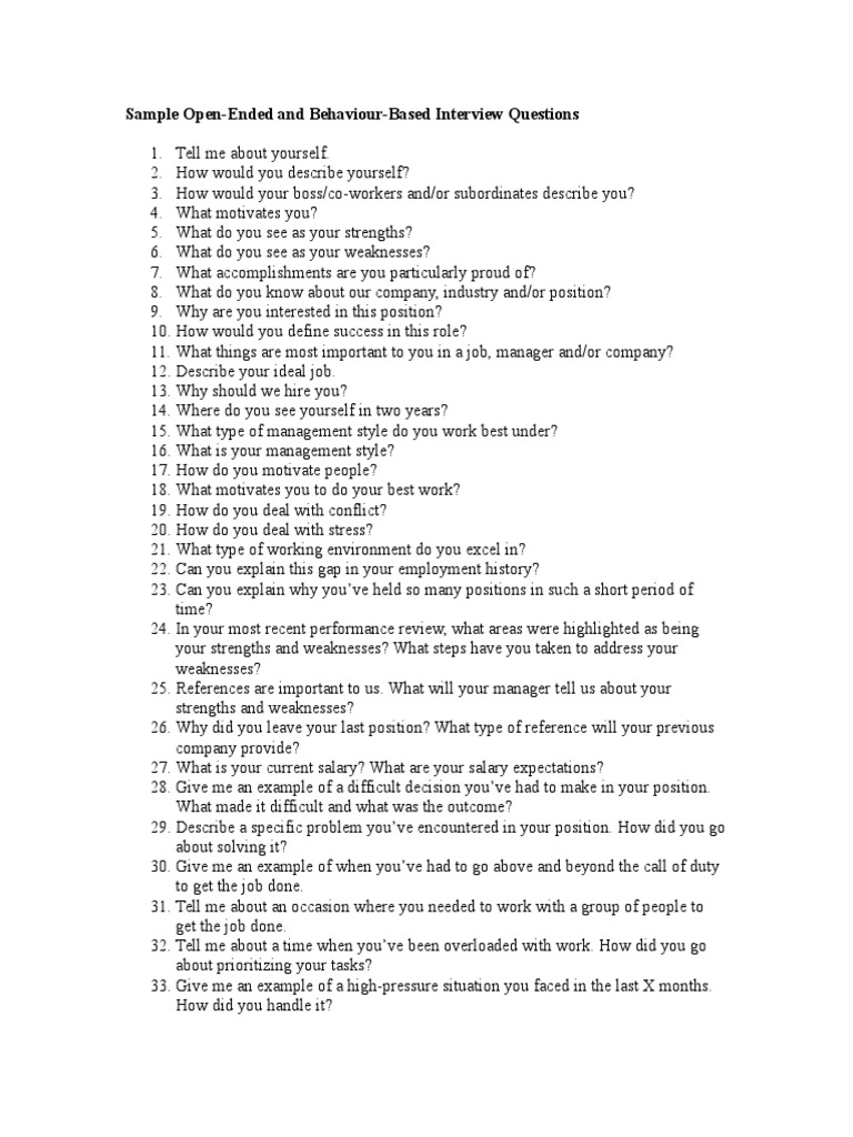 Sample Open Ended and Behaviour Based Interview Questions | PDF | Action (Philosophy) | Behavior ...
