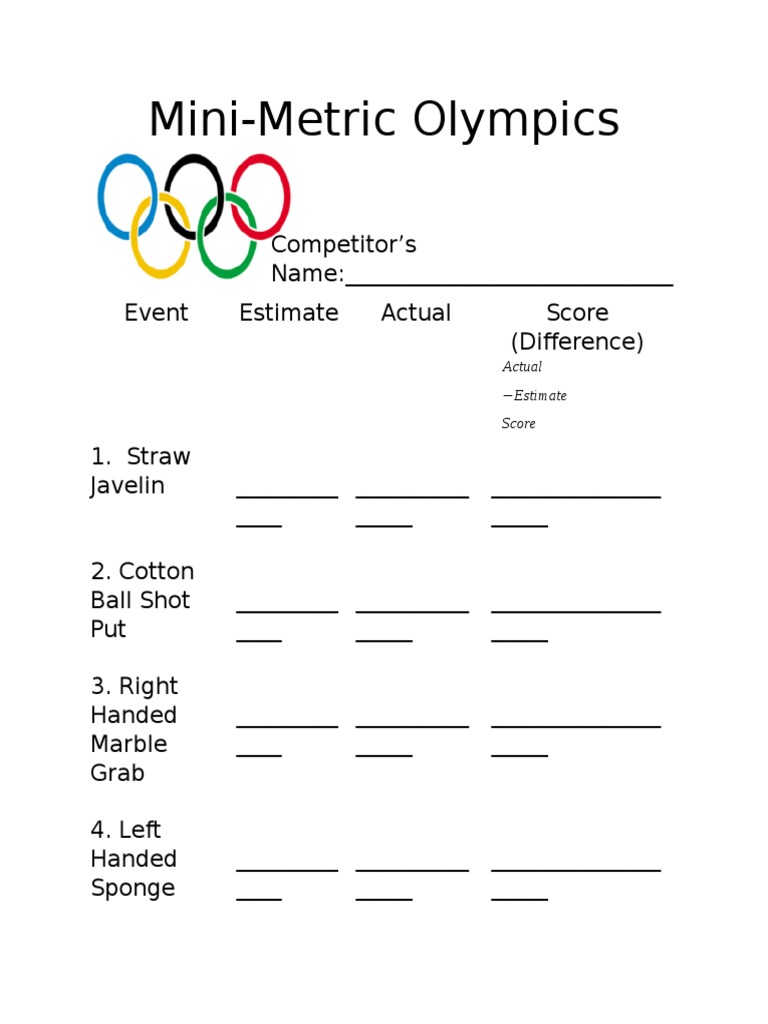 Kids' Mini-Metric Olympics Scorecard | PDF | Finance & Money Management ...