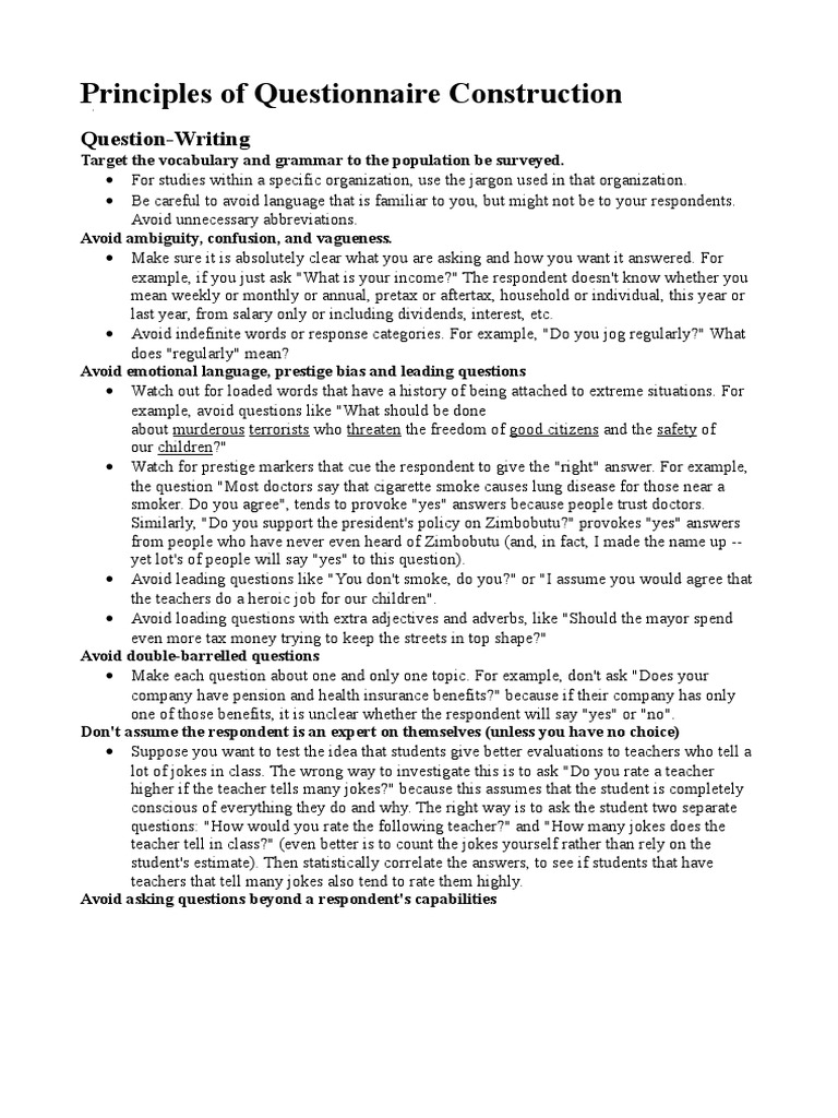 Questionnaire Construction Principles | PDF | Question | Psychological ...