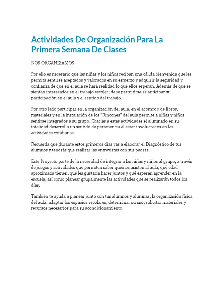 Actividades para la Primera Semana Escolar | PDF | Conocimiento | Sicología