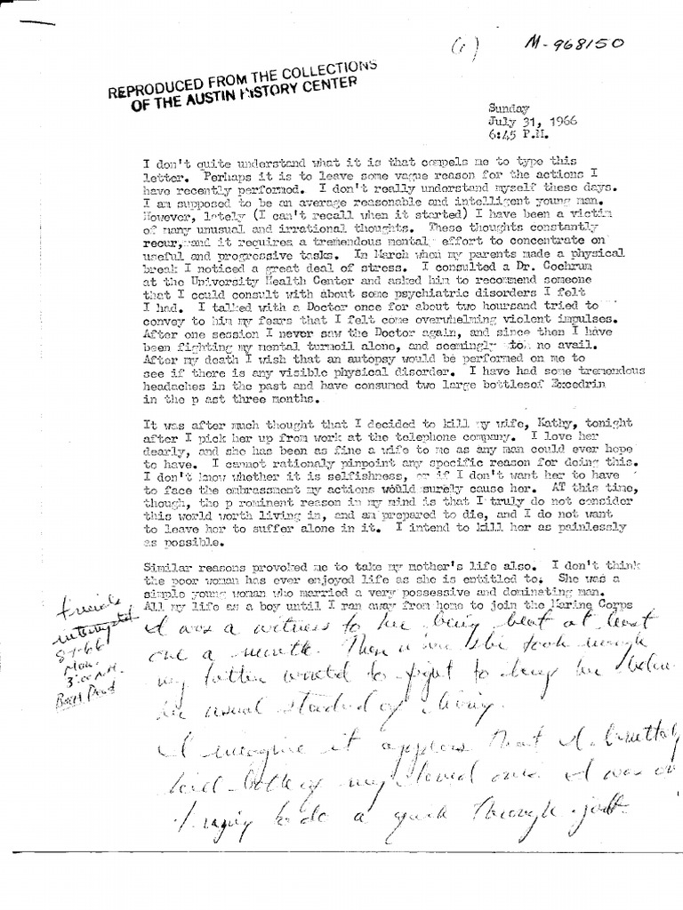 Charles Whitman Letter, July 31st, 1966