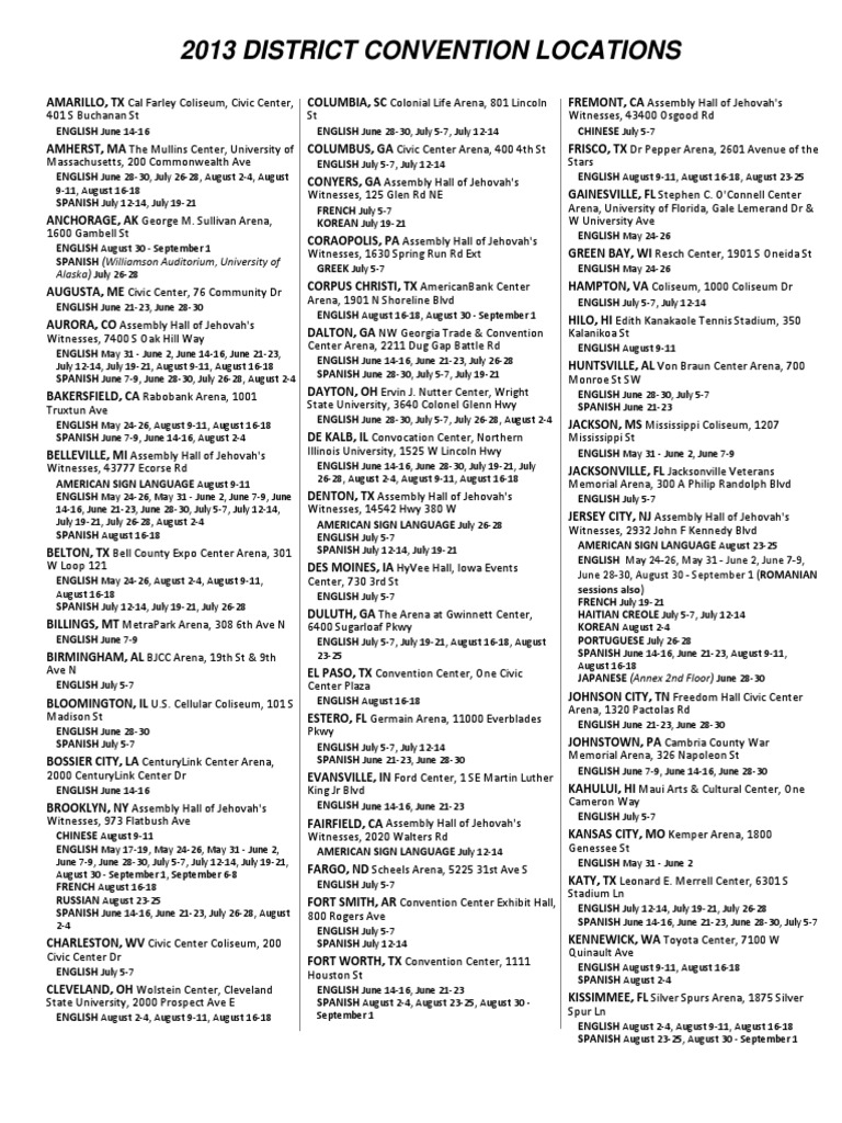 2013 District Convention Locations With Dates | PDF | Languages ...