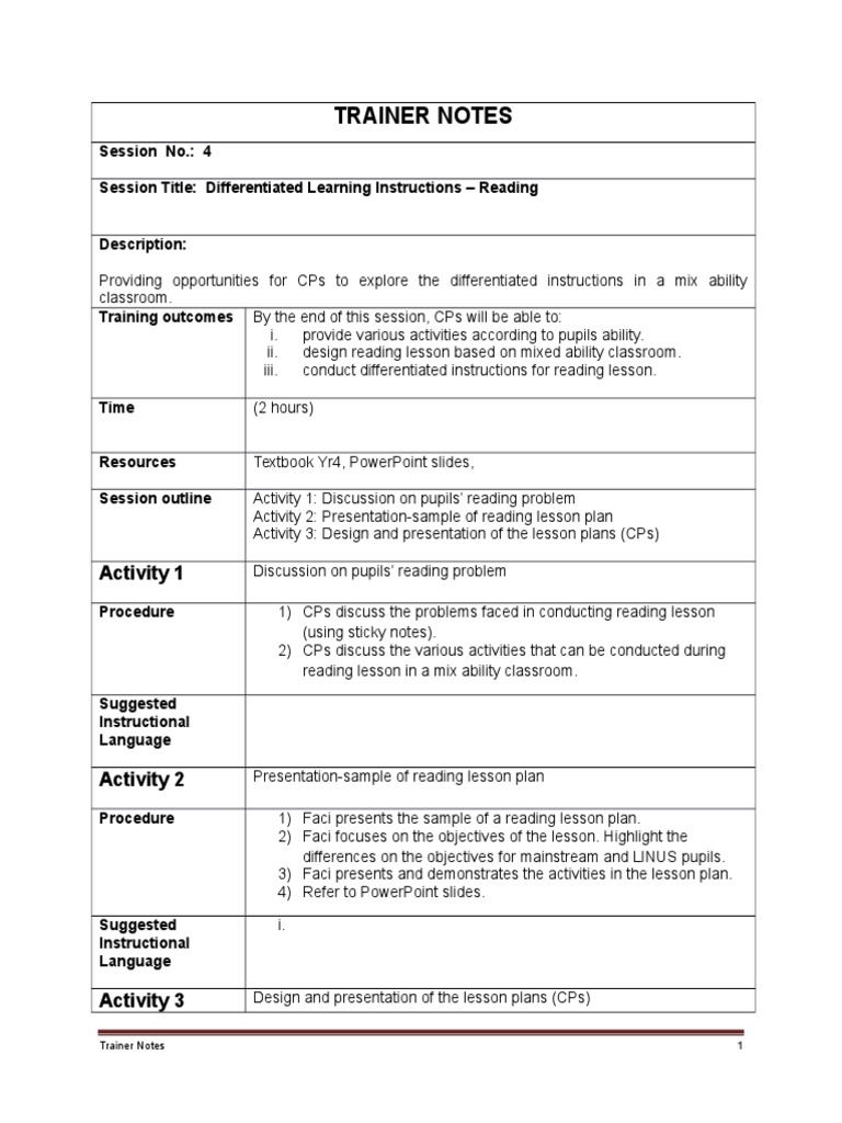 S4 Reading Trainer Notes | PDF | Differentiated Instruction | Lesson Plan