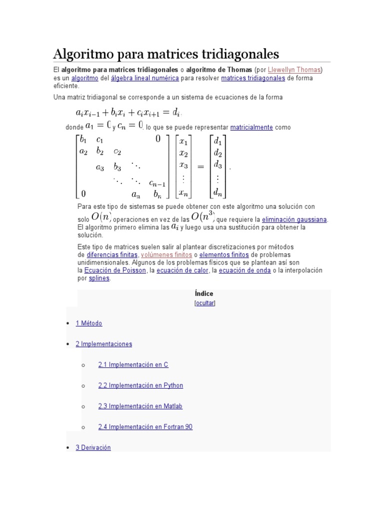 Algoritmo para Matrices Tridiagonales | PDF | Matemáticas Aplicadas ...