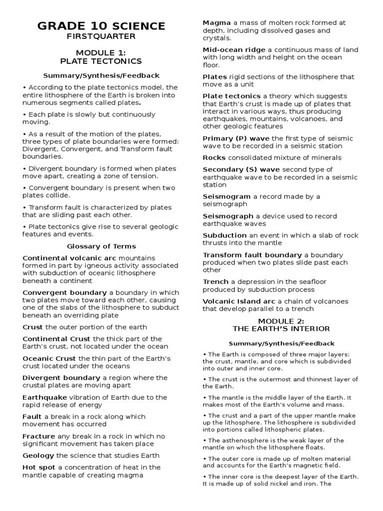 Grade 10 Science Summary From Book | PDF | Plate Tectonics | Mantle ...