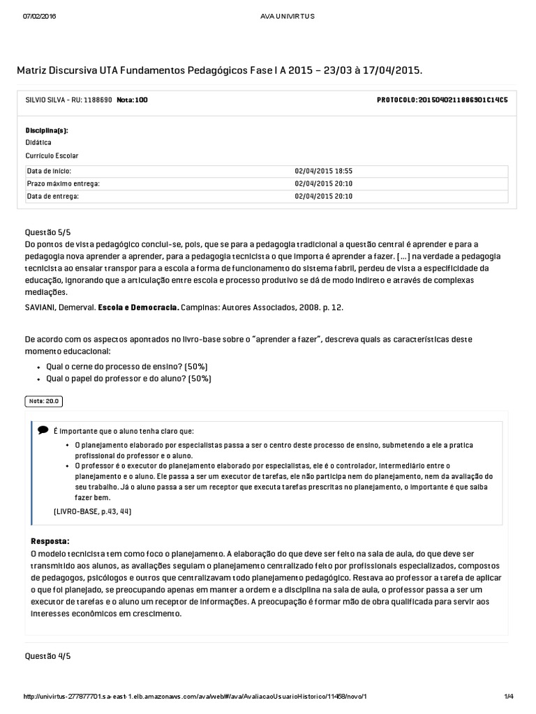 Prova Didática Discursiva Nota 100 Uninter PDF | PDF | Lição | Pedagogia