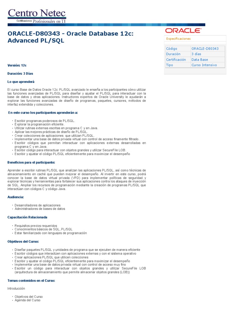 Temario Oracle d80343 | PDF | Pl / Sql | Oracle Corporation