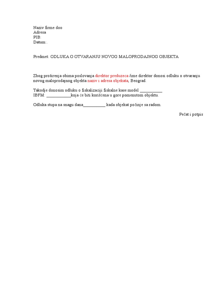 Korisnicka Odluka o Otvaranju Objekta | PDF