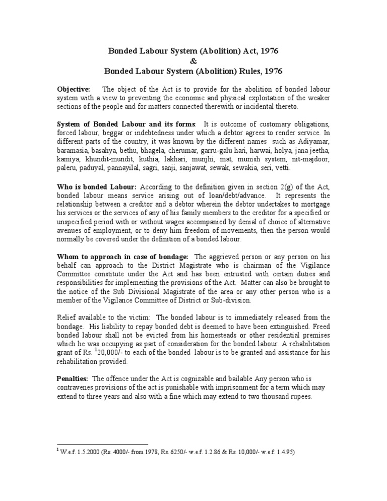 Bonded Labour System (Abolition) Act 1976 | PDF | Employment ...