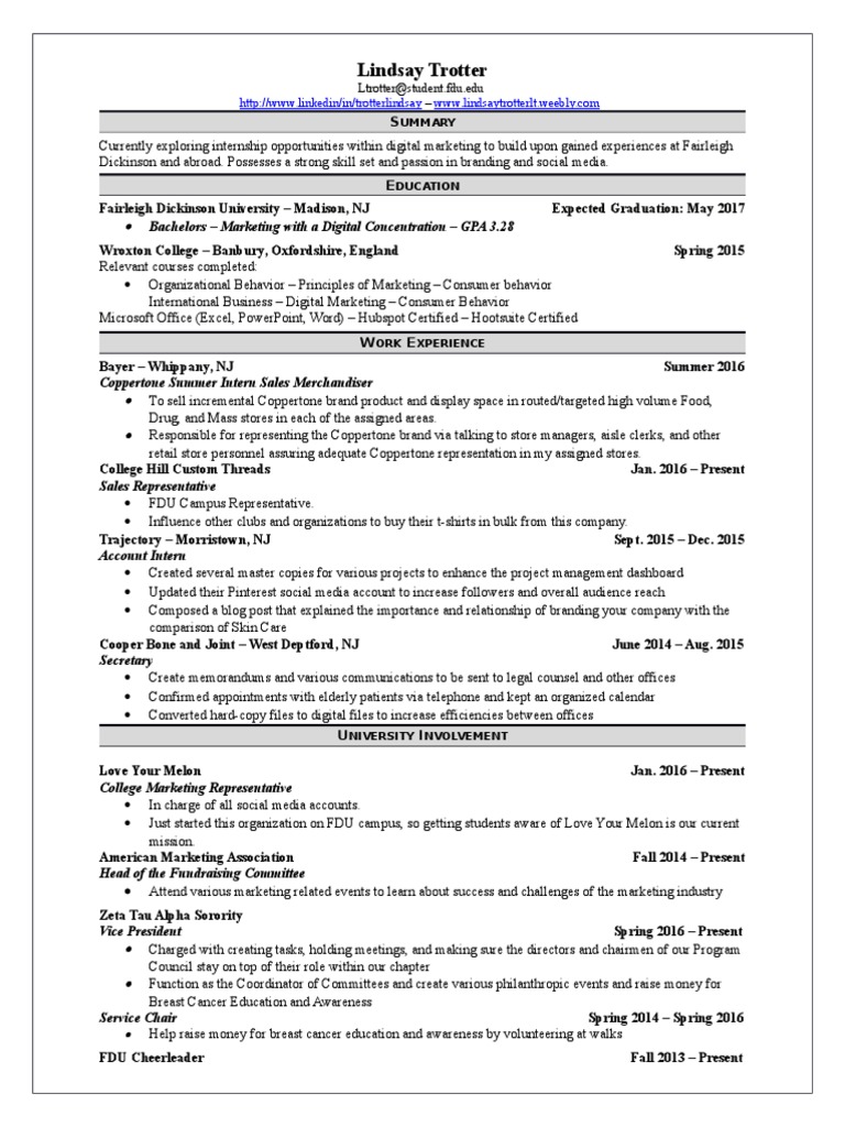 Lindsay Trotter Resume Summer 2016 No Address and Phone | PDF | Retail ...