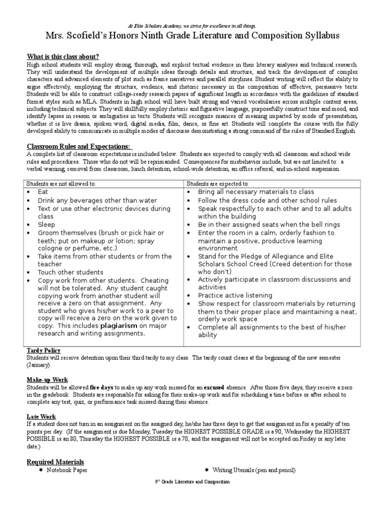 9th Grade Lit & Comp Syllabus | PDF | Rhetoric | Educational Assessment