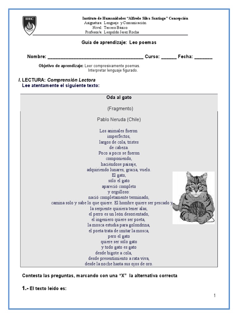 Comprensión de "Oda al Gato" de Neruda | PDF | Poesía | Gatos