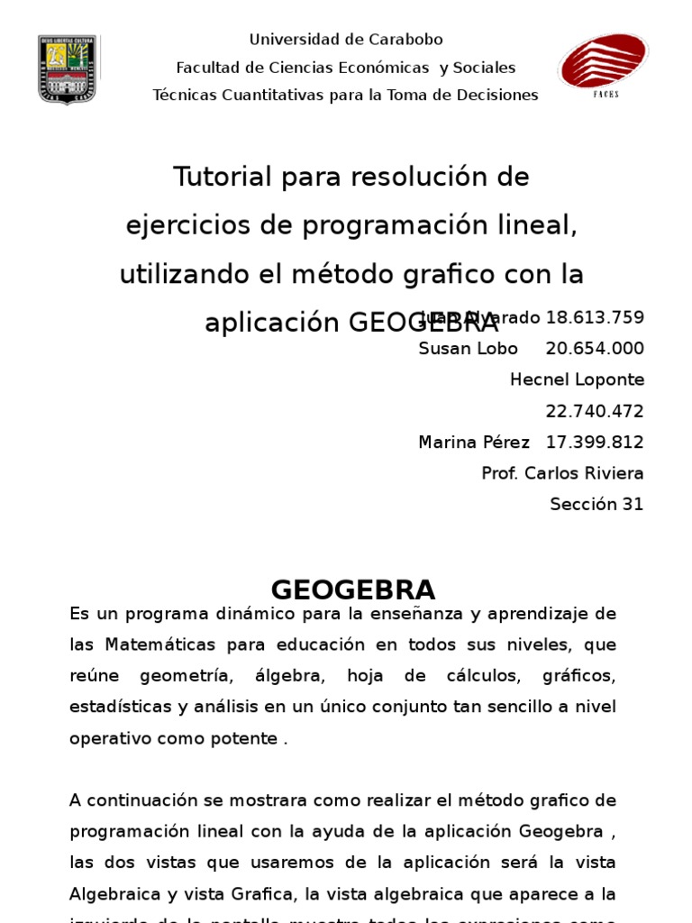 Tutorial Base Grafica Geogebra y Simplex Por Solver | PDF | Programación lineal | Función ...