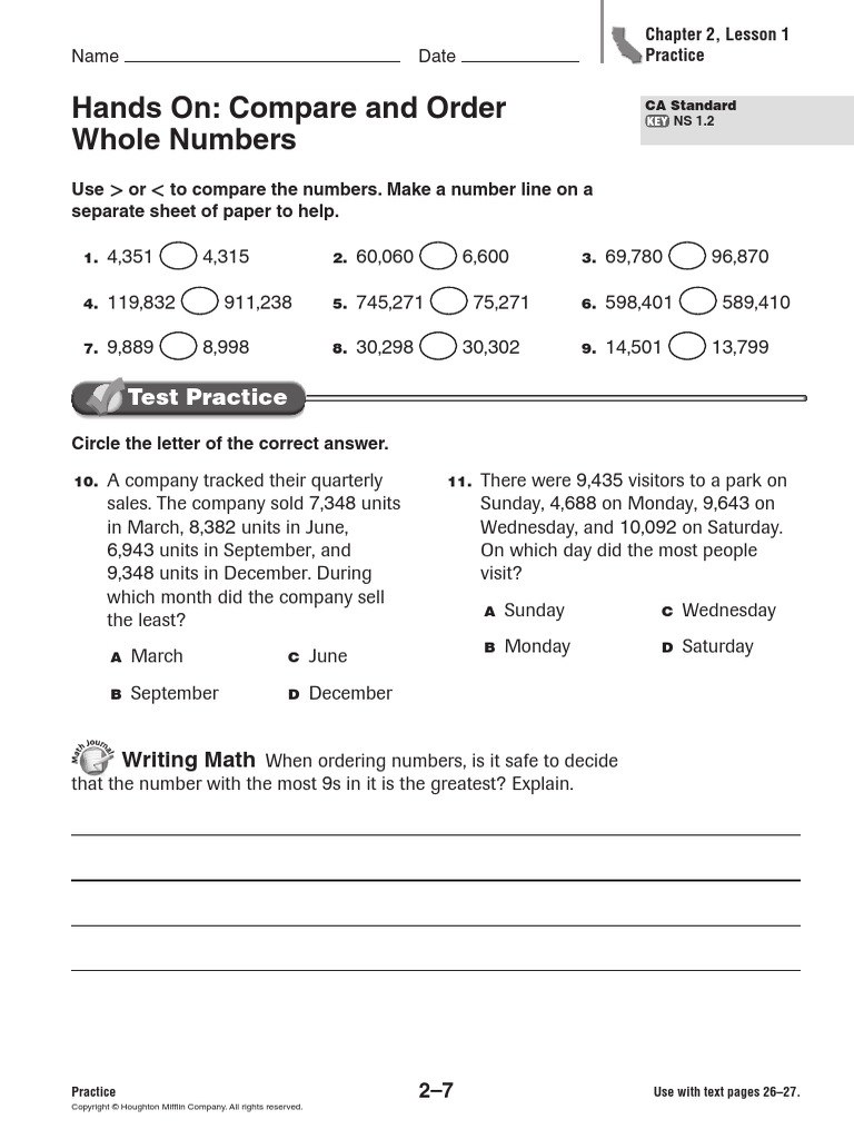 Compare and Order Whole Numbers Practice | PDF