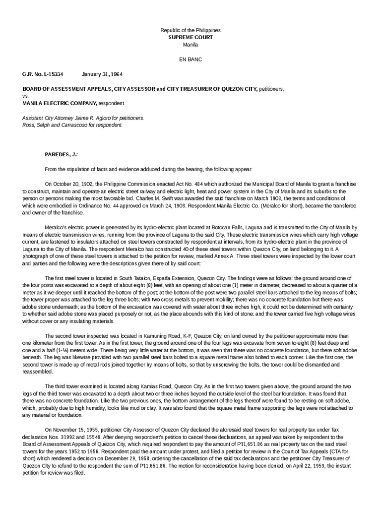 10 Board of Assessment Appeals V Meralco G R No L 153340 January 31 1964 FULL TEXT | PDF